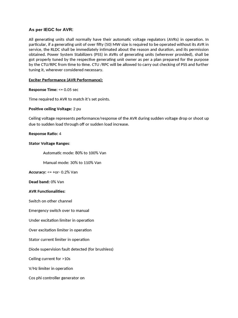 As Per IEGC For AVR:: Exciter Performance (AVR Performance) : Response ...