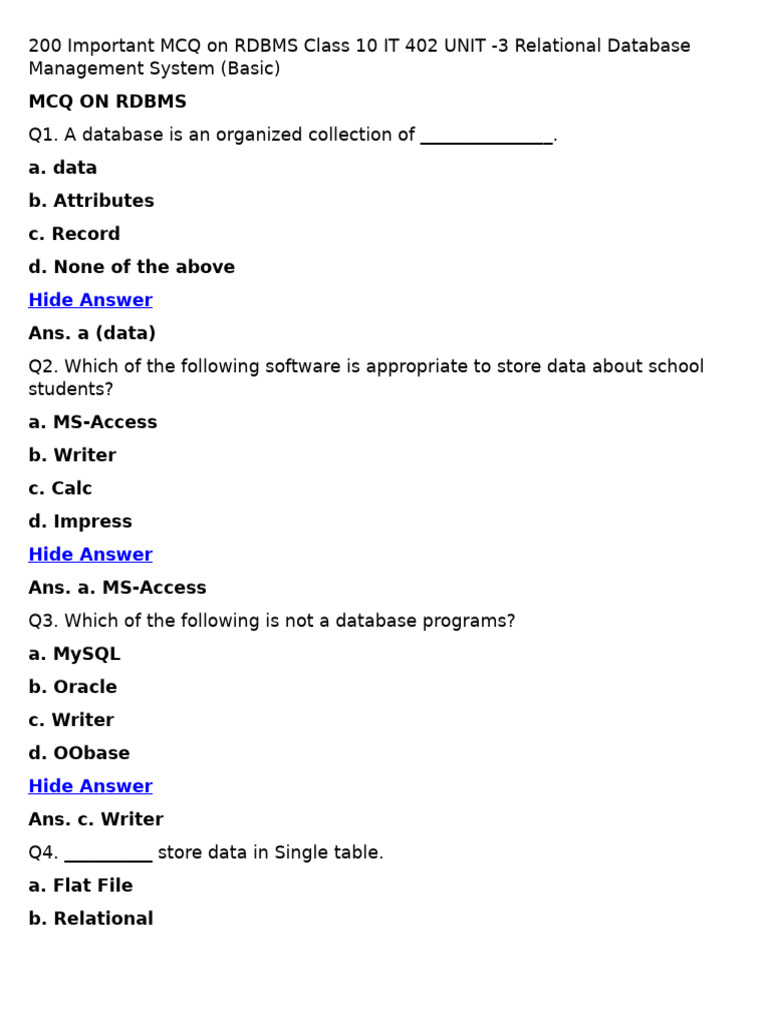 200 Important MCQ On RDBMS | PDF | Databases | Table (Database)