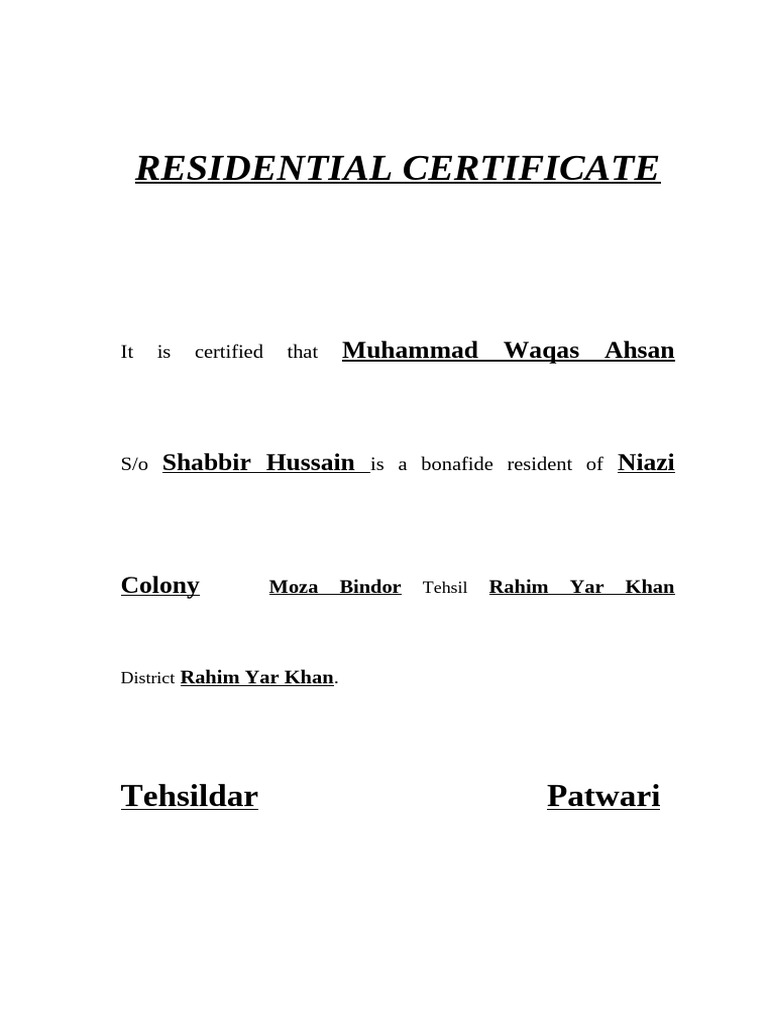 Residential Certificate | PDF