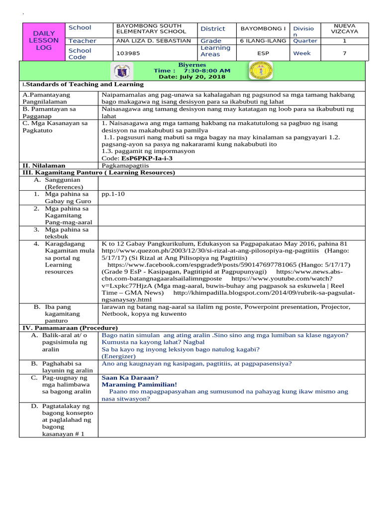 ESP 6 Q1 DLL WK 7 Biyernes | PDF