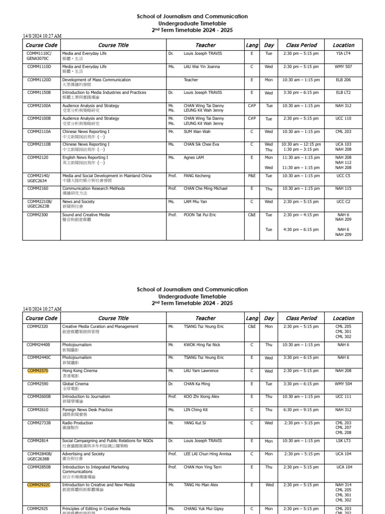 NUS Journalism 2nd Term Timetable 2024 | PDF | Hong Kong
