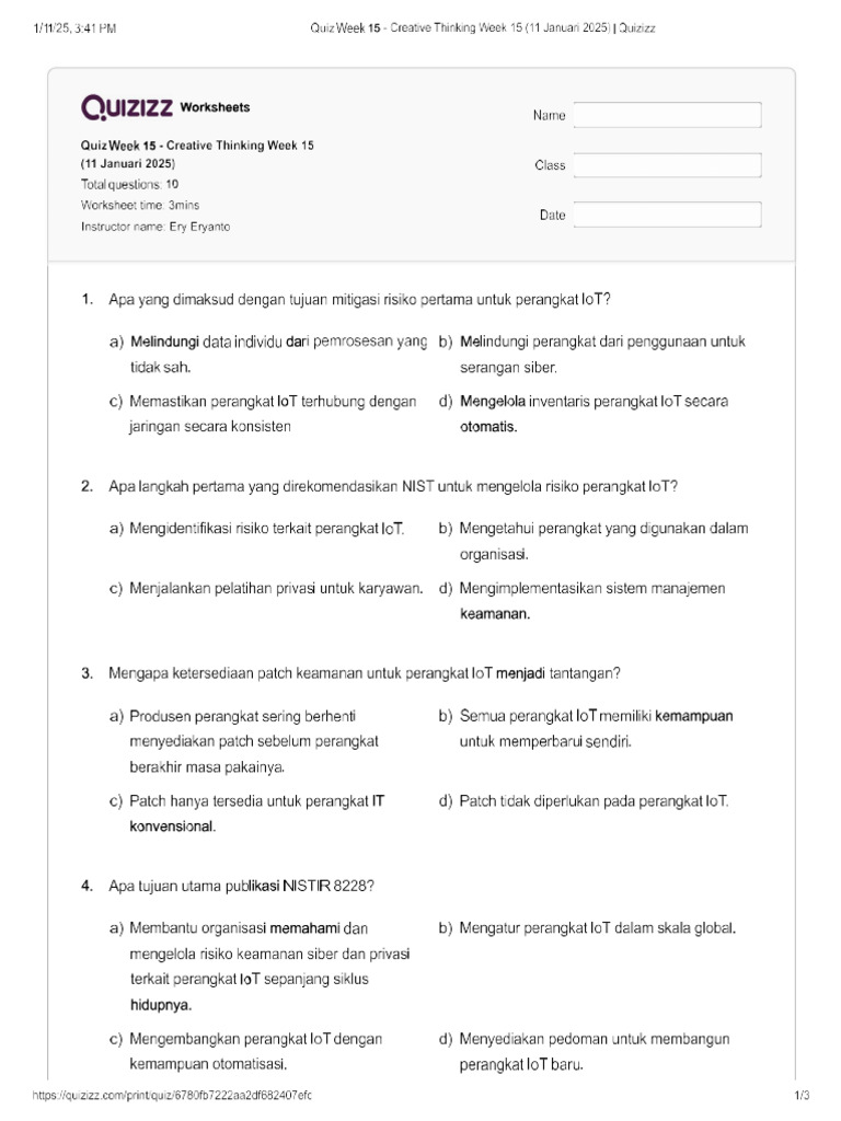 Quiz Week15 - Creative Thinking For AI & IoT Innovation | PDF