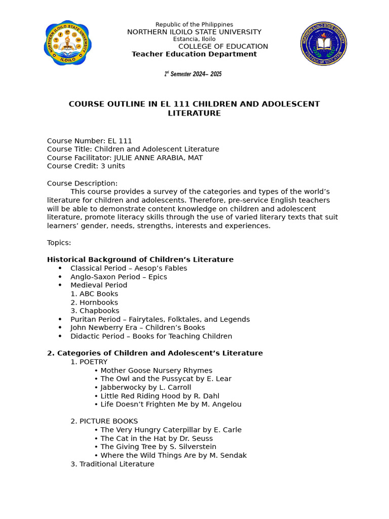 Course Outline in El 111 Children and Adolescent Literature | PDF ...