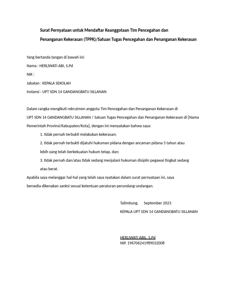 Surat Pernyataan TPPK | PDF