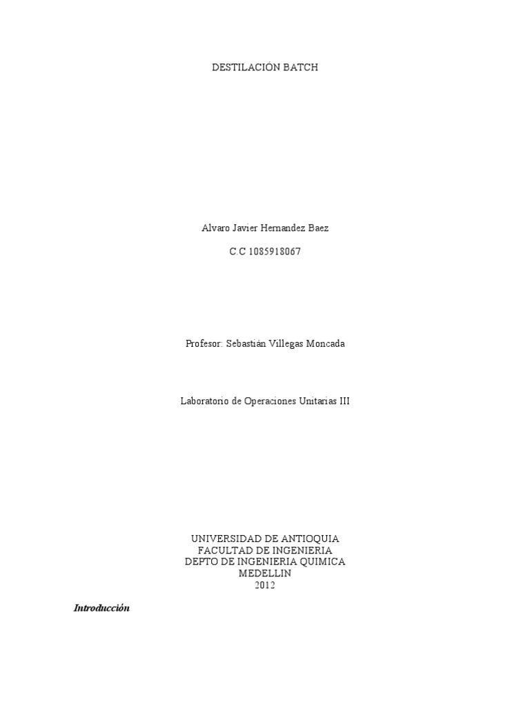 Informe Destilación Batch 2 | PDF | Destilación | Química Física