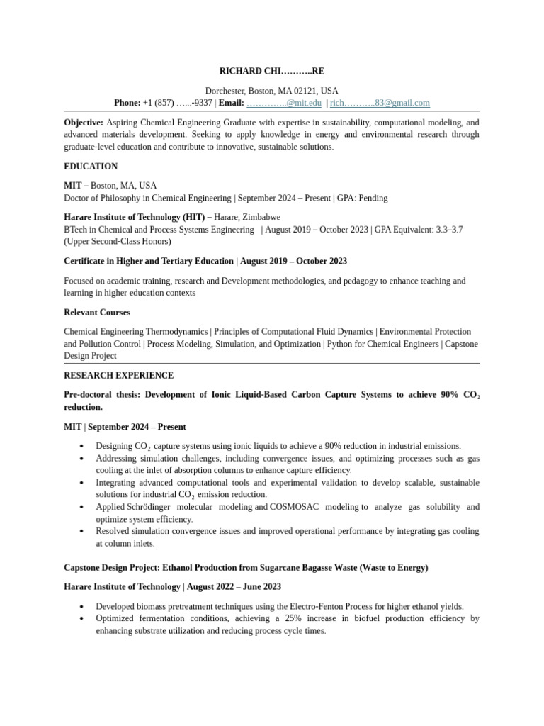 Richard Chikowore Resume | PDF | Biofuel | Simulation
