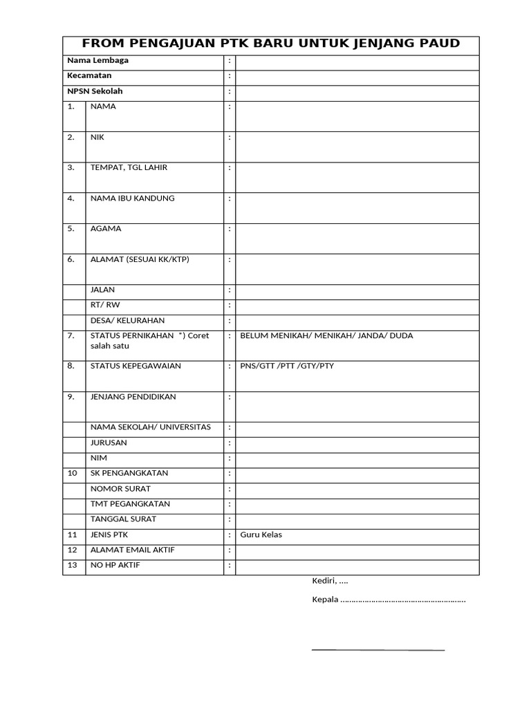 Form PTK Baru Paud | PDF