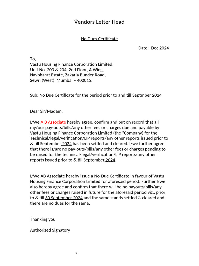 No Dues Certificate - Format | PDF