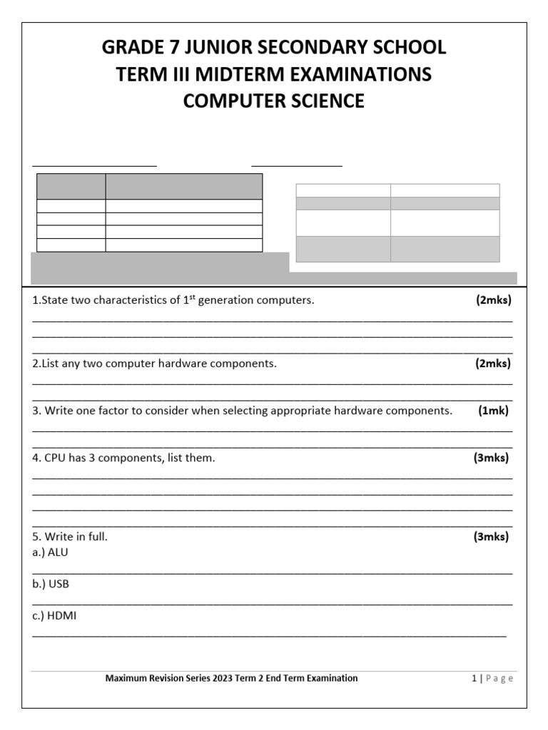 2023 JSS-G7 Term 3 Computer Science MidTerm Exam | PDF | Computer Hardware | Computer Science