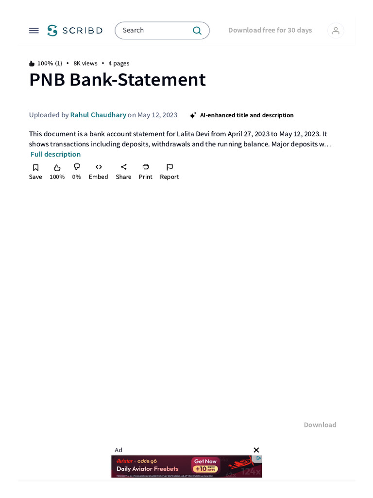 PNB Bank-Statement - PDF - Banks - Cheque | PDF | Scribd | Financial ...