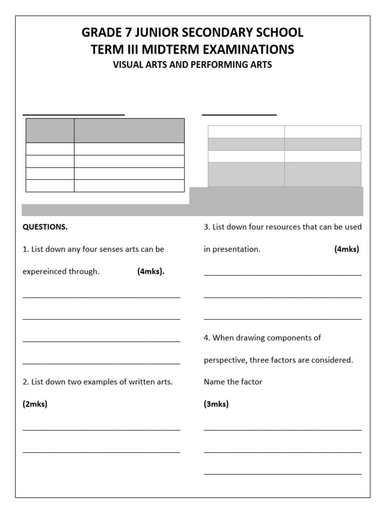 2023 JSS-G7 Term 3 Visual Arts MidTerm Exam | PDF
