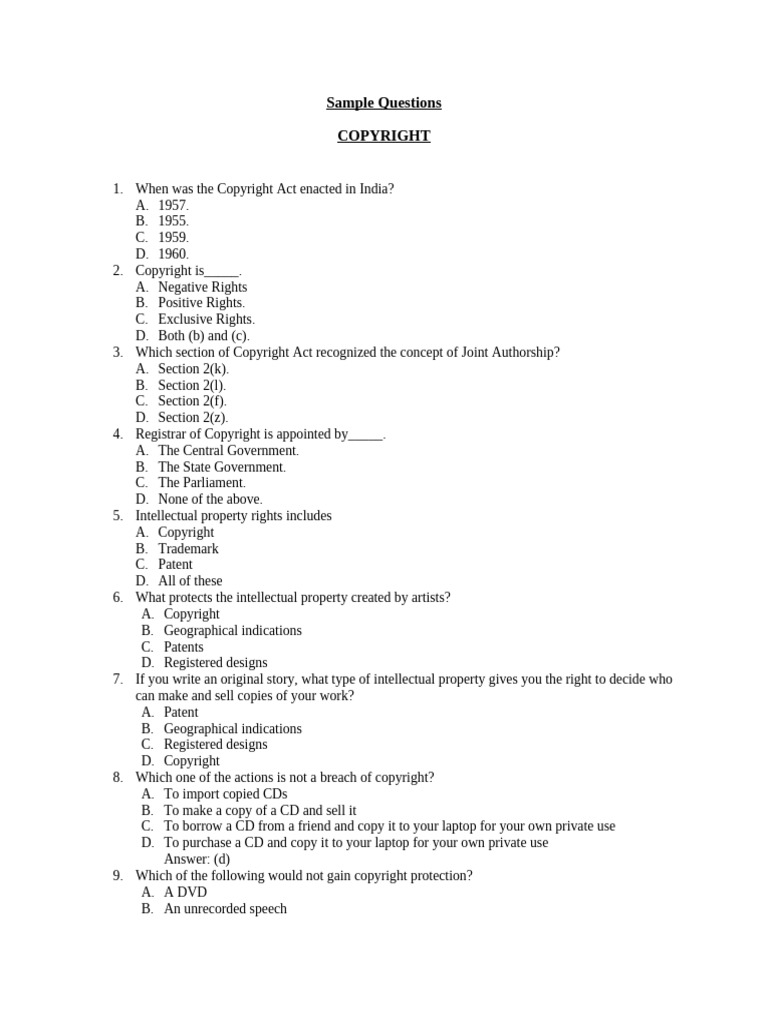 Question Bank On Copyright | PDF | Copyright | Copyright Law Of The ...