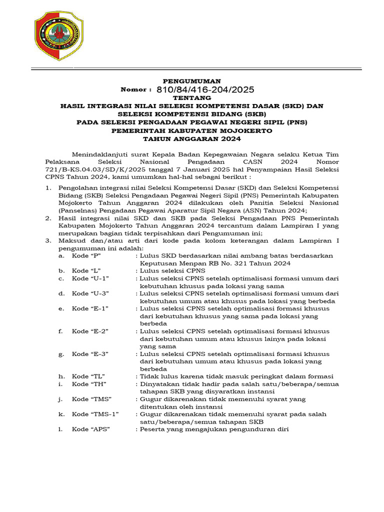Pengumuman Hasil Integrasi Nilai SKD Dan SKB Pada Seleksi Pengadaan Pns Pemerintah Kabupaten ...