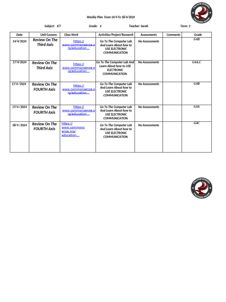 ICT Weekly Plan 14-4 G4 | PDF | Alternative Education | Educational ...