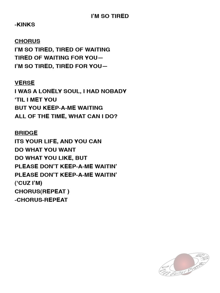 Tired of Waiting Lyrics by The Kinks | PDF