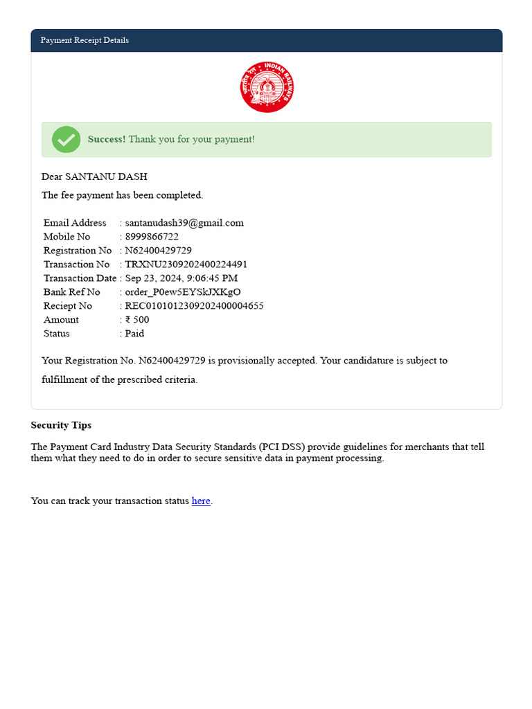 Santanu Dash NTPC Payment Receipt | PDF