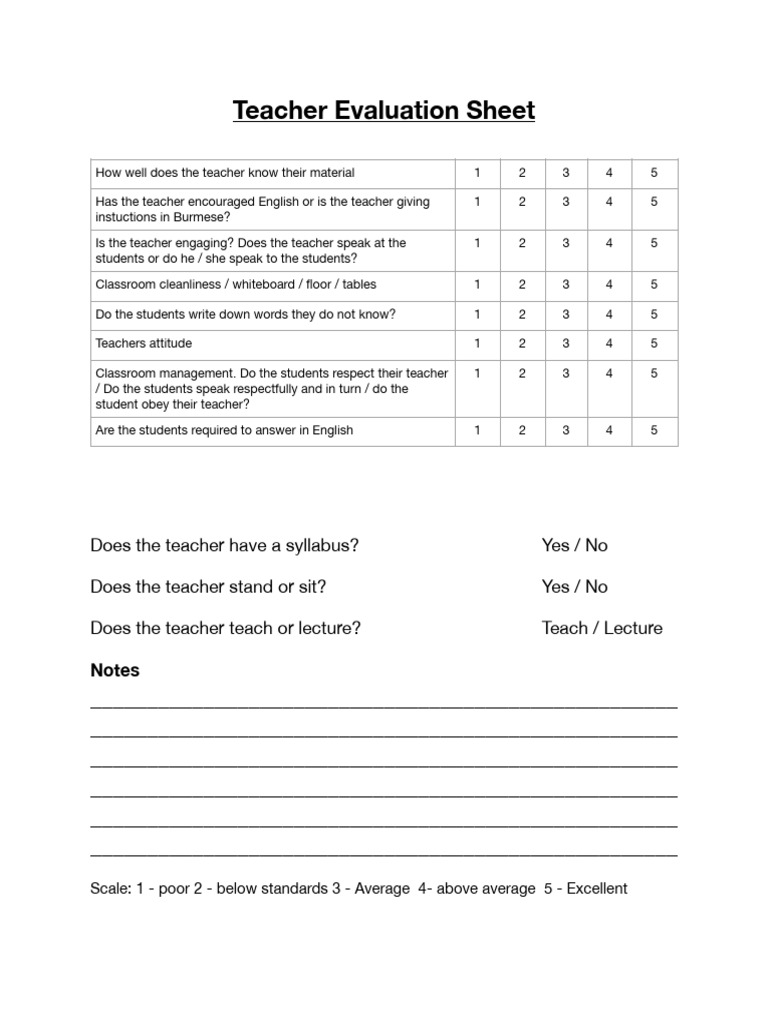 Teachers Evaluation Sheets | PDF
