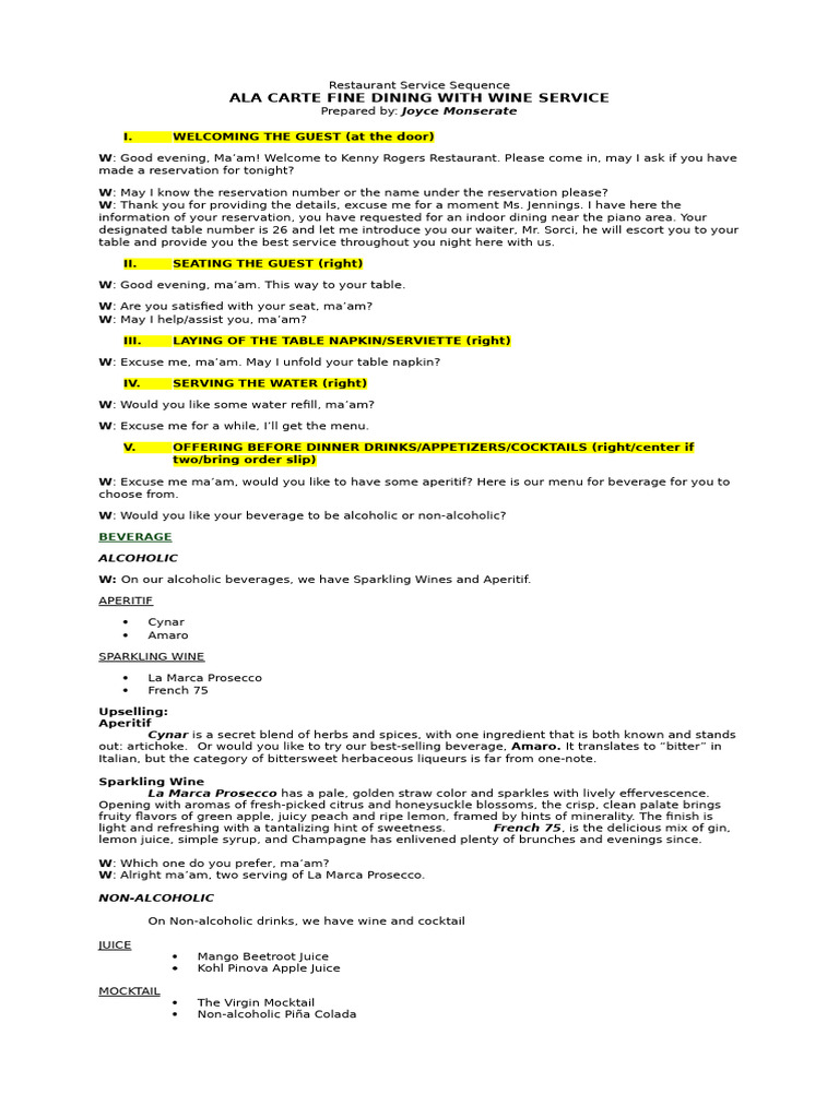 Restaurant Service Sequence | PDF | Cocktails | Salad