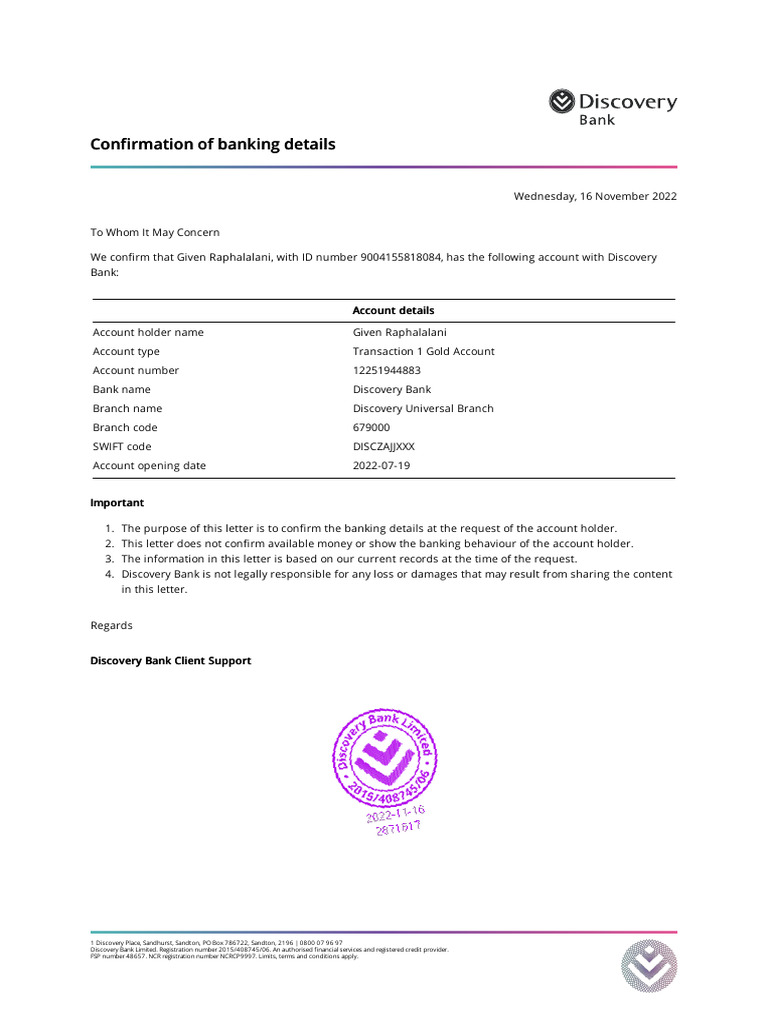 Discovery Bank Account Confirmation Letter | PDF