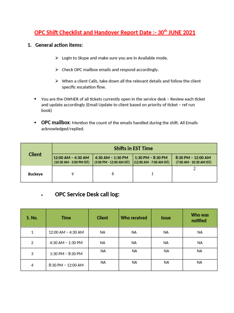 OPC Shift Checklist and Handover Report- 30th June 2021 | PDF