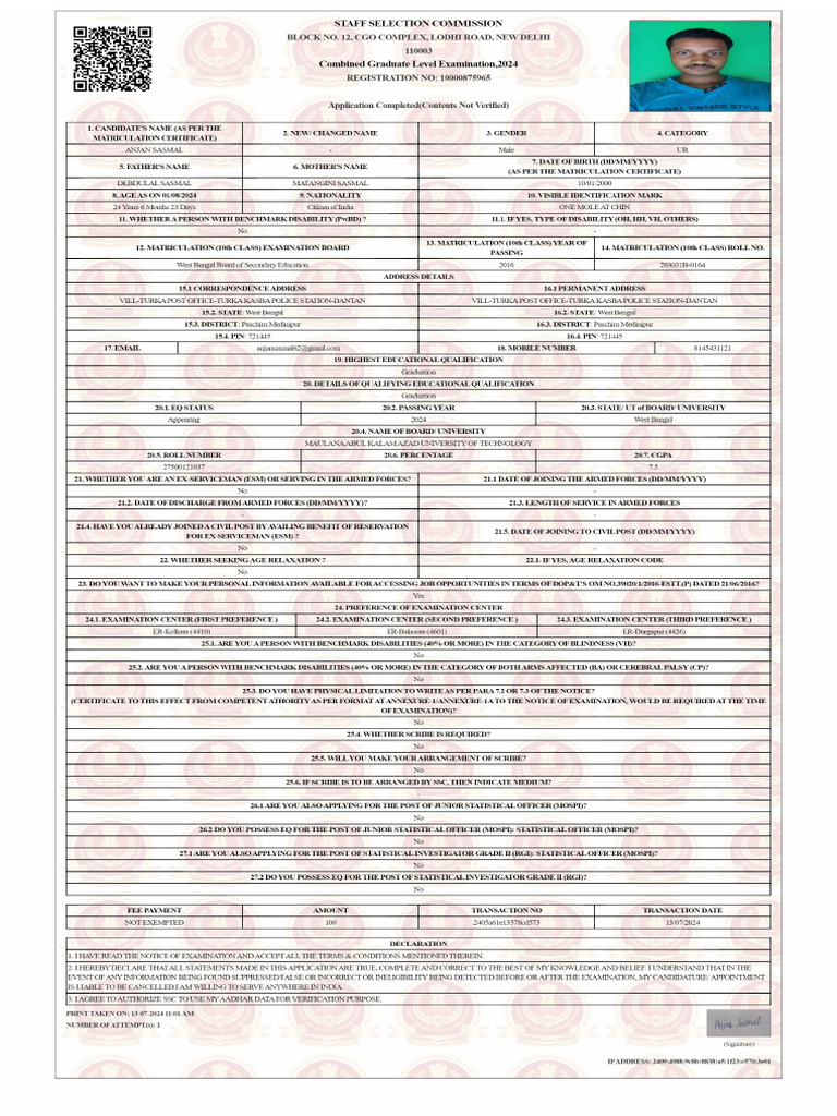 Application Form CGL Tire-I 2024 | PDF