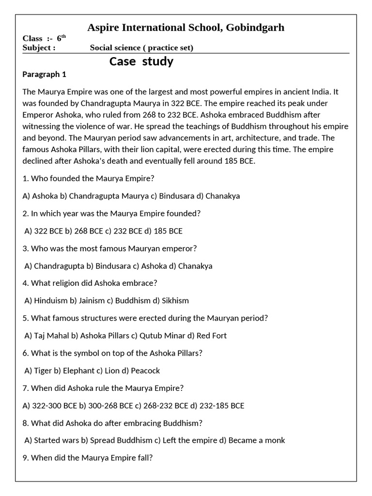 Class 6th SST Case Study Practice Set | PDF | Ashoka | Government