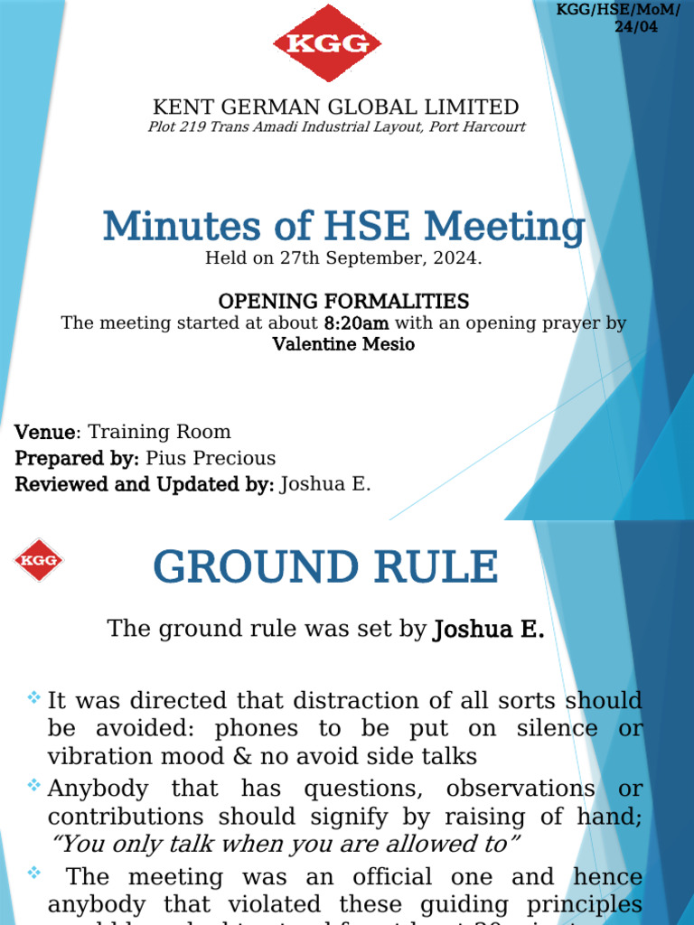 Minutes of HSE Meeting September 2024 | PDF | Personal Protective ...