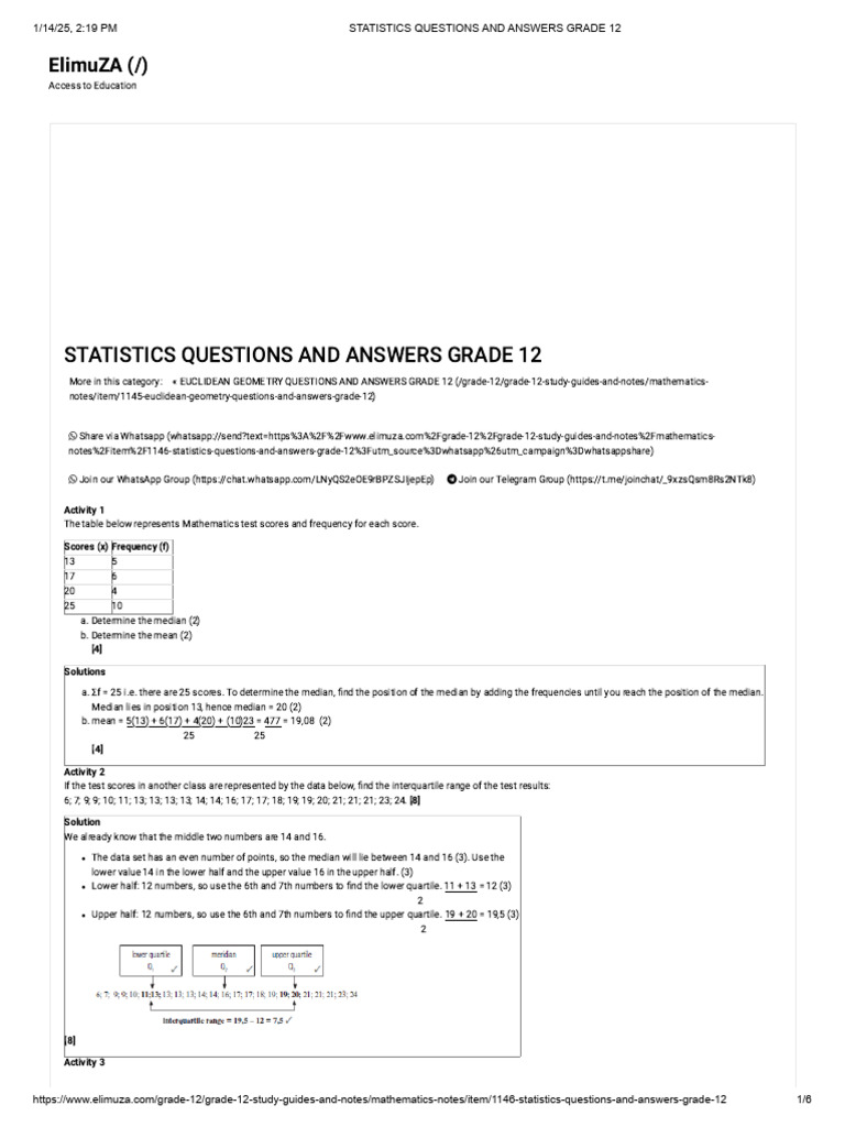 Statistics Questions and Answers Grade 12 | PDF | Quartile
