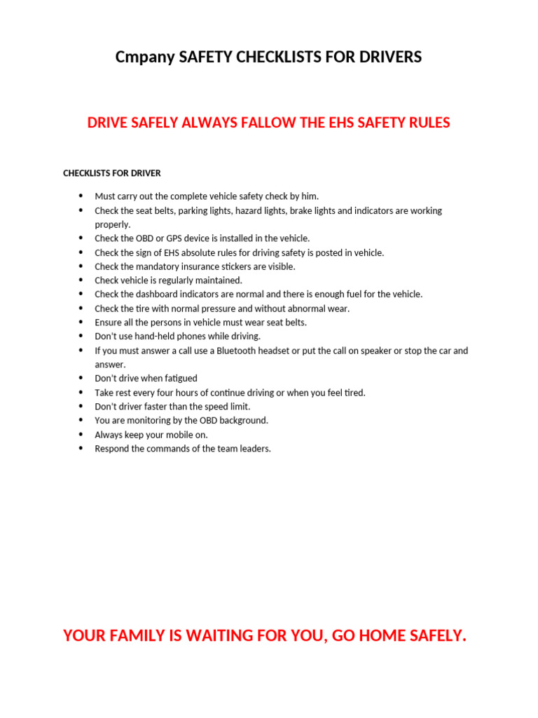 Ehs Checklists For Driver | PDF