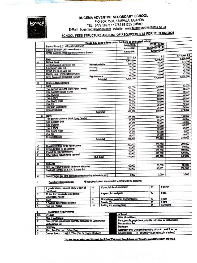 Bugema Adventist SS Fee Structure 2025 | PDF
