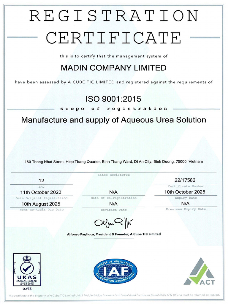 Madin ISO 9001 UKAS Certificate - Adblue Production | PDF