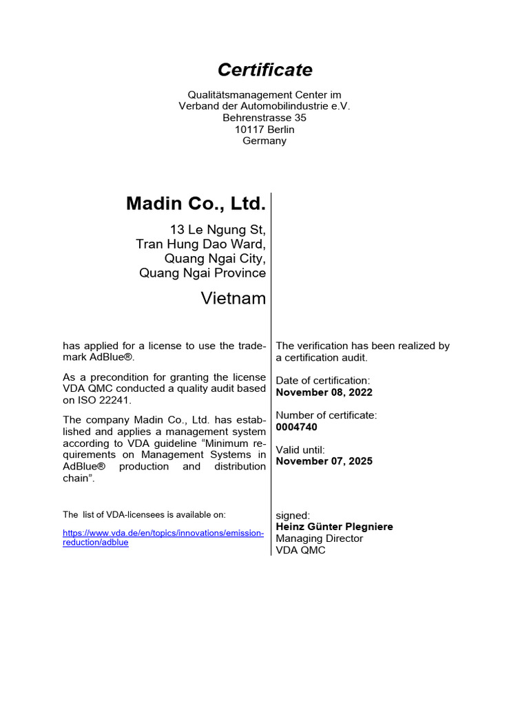 VDA License Adblue - Madin | PDF