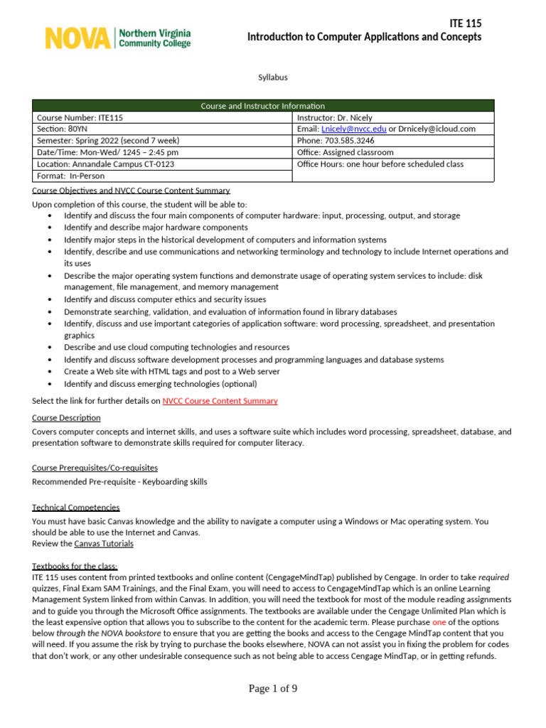 ITE 115 Spring2022 Syllabus 7week 2 | PDF | Microsoft Excel | Textbook