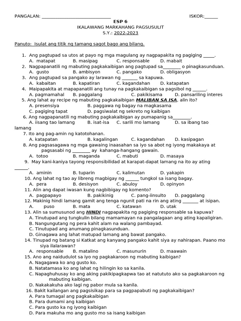 ESP 6 2nd PT 2022 2023 | PDF