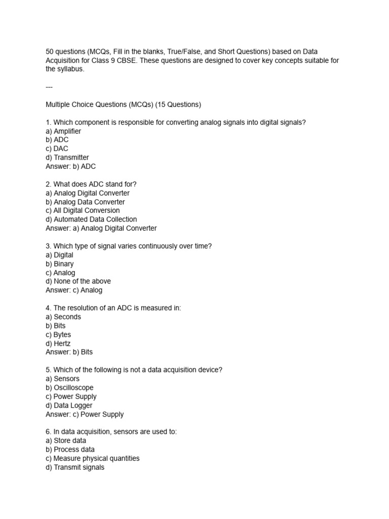 Class 9 CBSE Data Acquisition Quiz | PDF | Analog To Digital Converter ...