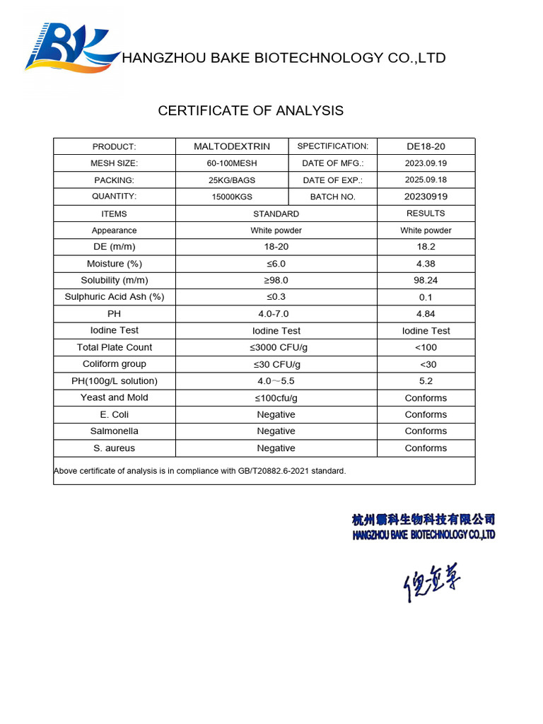 Maltodextrin de 18-20 COA | PDF