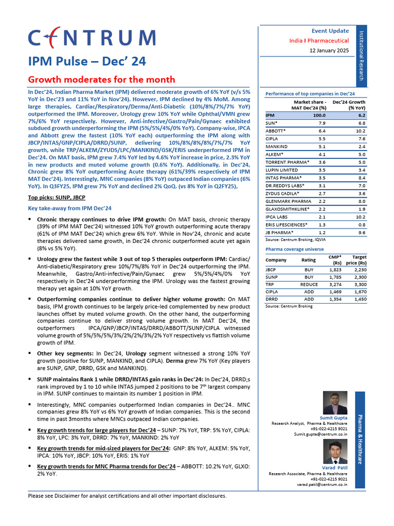 Centrum Event Update On IPM Pulse - Dec' 24 Growth Moderates For | PDF ...