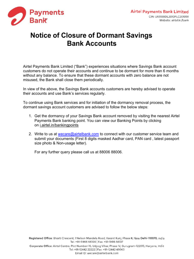 Closure of Dormant Airtel Bank Accounts | PDF