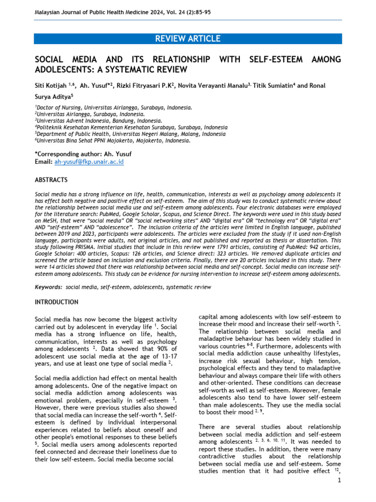 Social Media and Its Relationship With Self-Esteem Among Adolescents A ...
