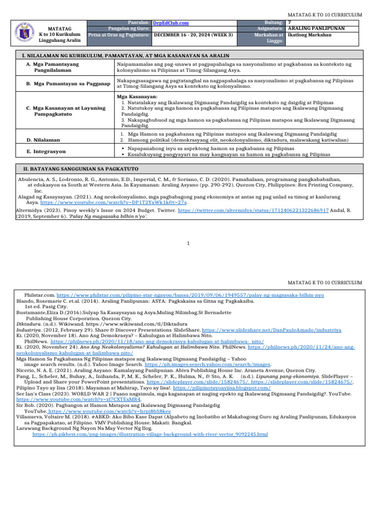 DLL Matatag - Araling Panlipunan 7 q3 w3 | PDF
