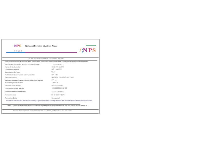 NPS Online Payment Acknowledgment Receipt | PDF