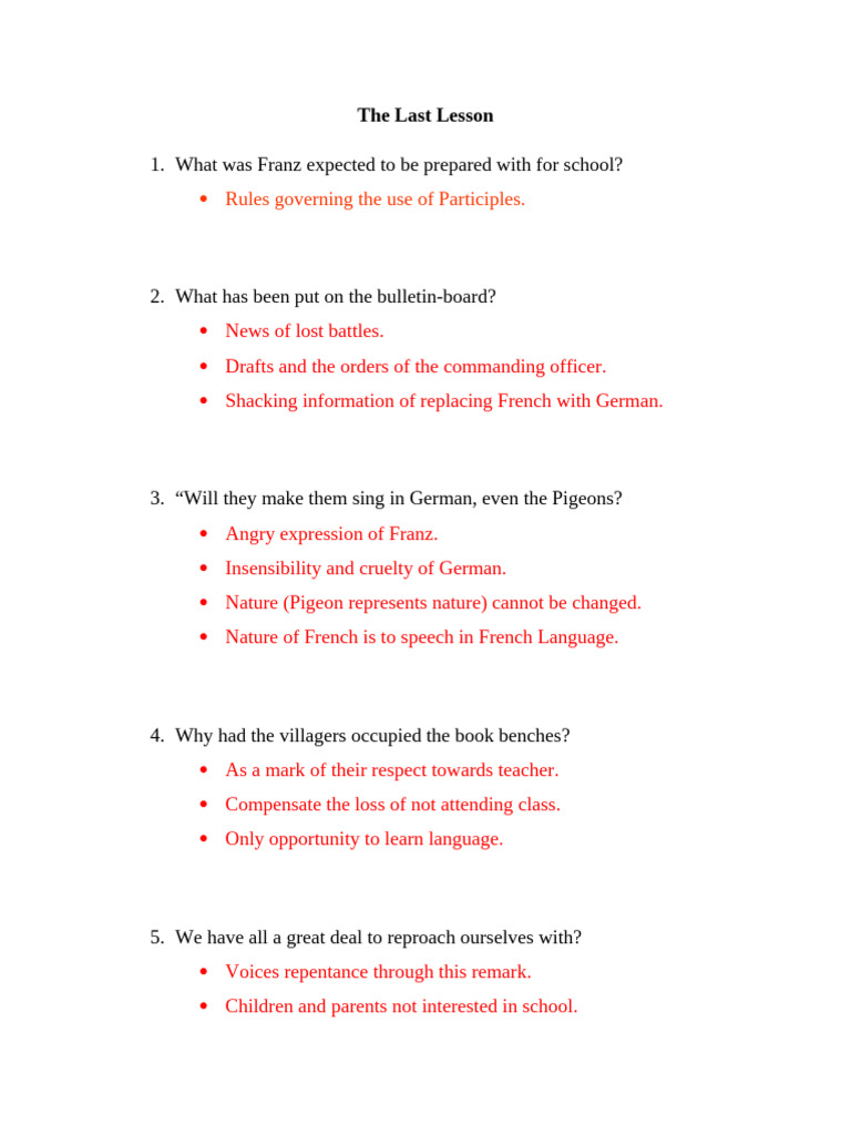 The Last Lesson Question and Answer With Value Points | PDF