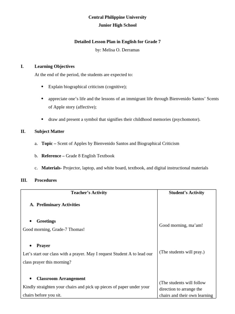 Detailed Lesson Plan in The Scent of Apples | PDF | Memory | Narration