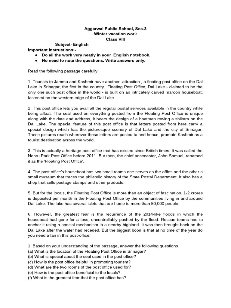Class 8 Winter Vacation Assignment-3 | PDF