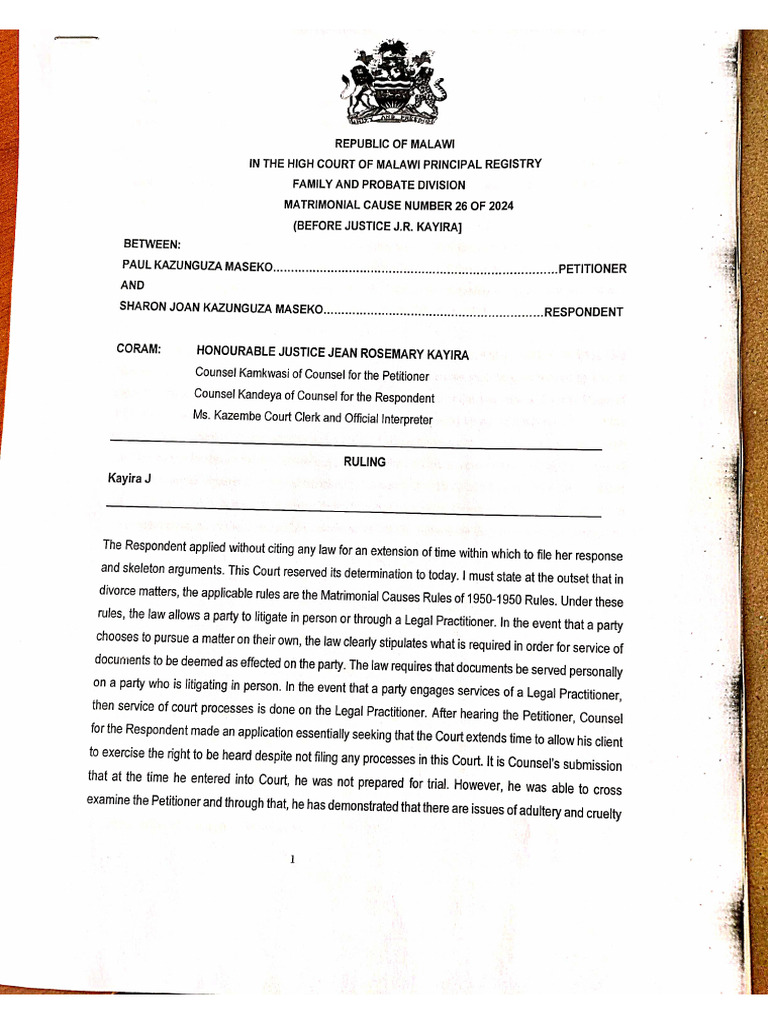 Paul Maseko Vs Sharon Maseko - Matrimonial Cause No 26 of 2024 | PDF