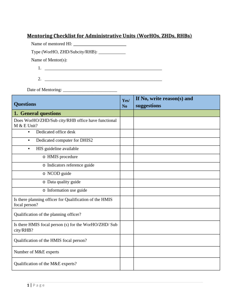HIs Mentorship Checklist | PDF | Mentorship | Data Quality