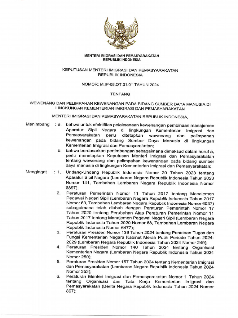 Kepmenimipas No M.IP-08.OT.01.01 Tahun 2024 Tentang Wewenang Dan Pelimpahan Kewenangan Pada ...