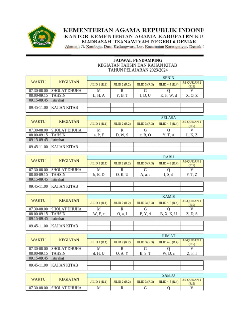 Jadwal TAHSIN Dan KAJIAN KITAB 23-24 | PDF