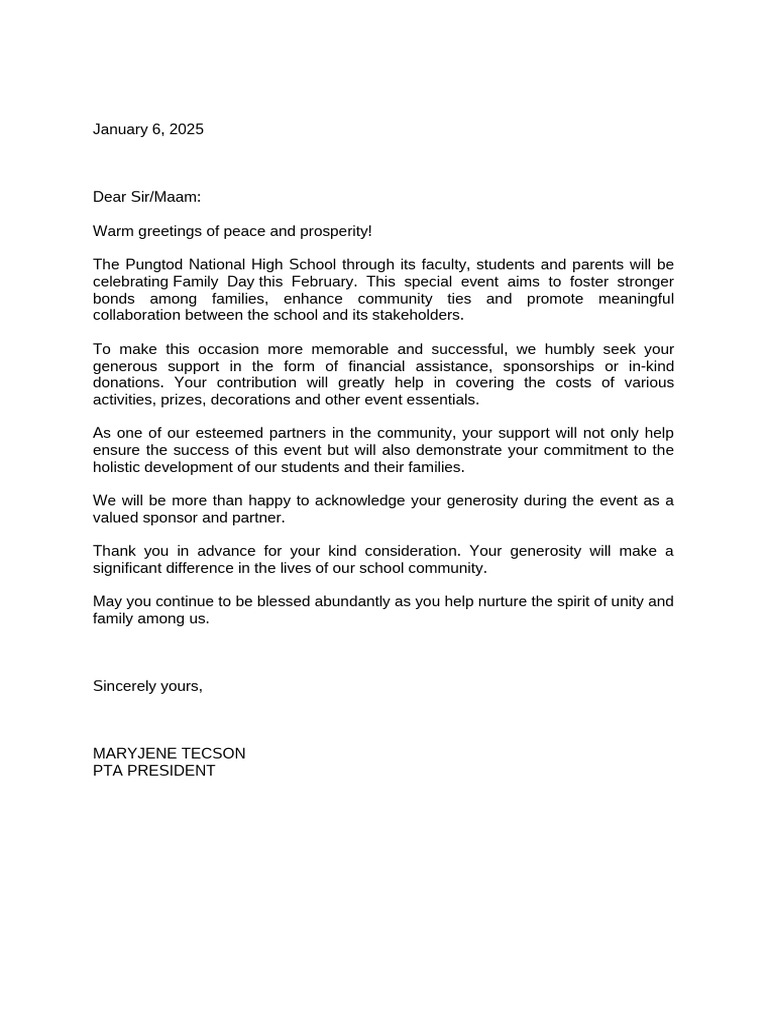 Fam Day Solicitation Letter | PDF