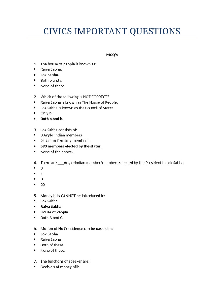 CIVICS IMPORTANT QUESTIONS | PDF | Supreme Courts | Jurisdiction